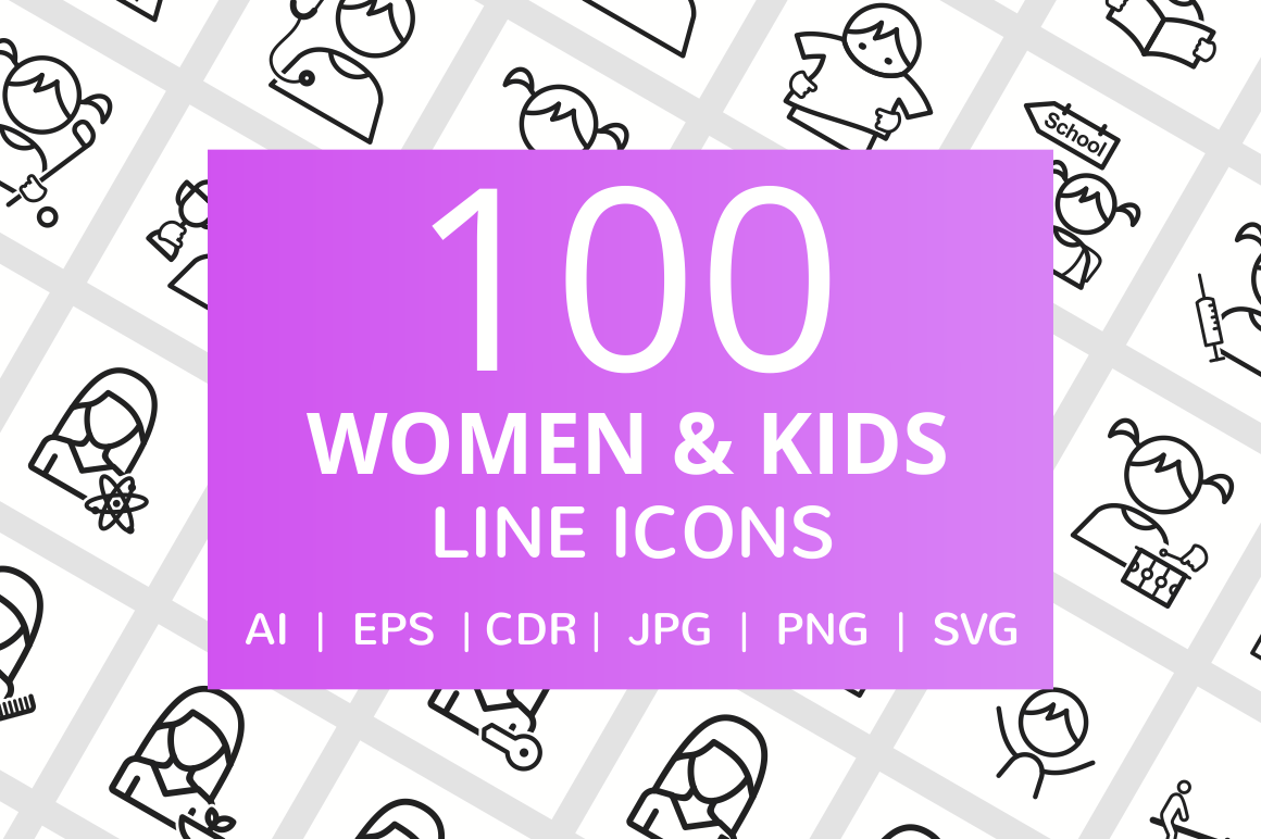 100 Women & Kids Line Icons, an Outline Icon by IconBunny