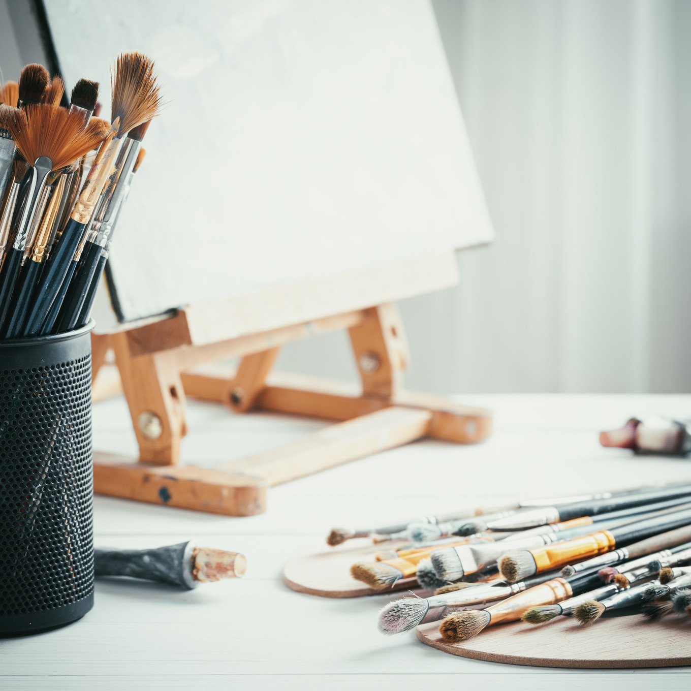 Artistic equipment in painter studio | Arts & Entertainment Stock ...