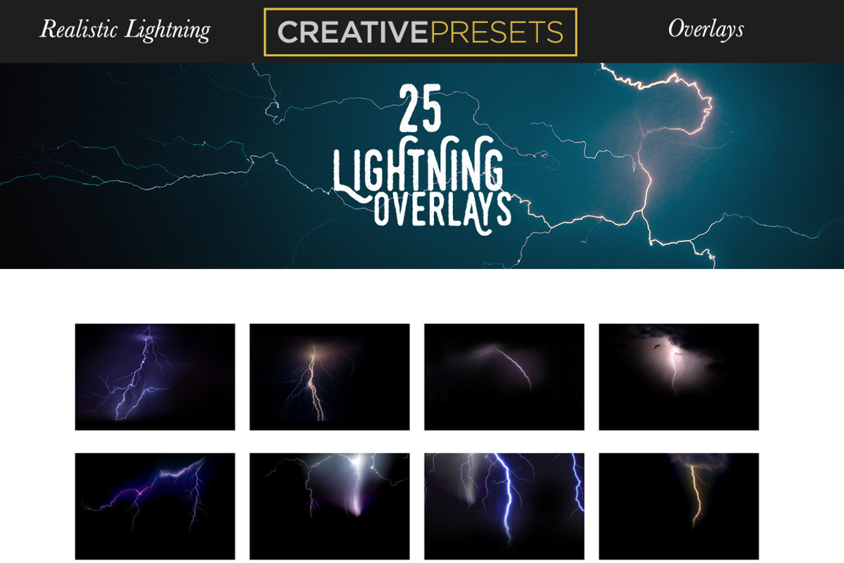 25 Realistic Lightning Overlays, a Texture Graphic by CreativePresets.com