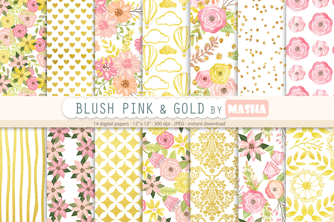 PINK BLUSH AND GOLD digital papers, a Pattern Graphic by Masha Studio