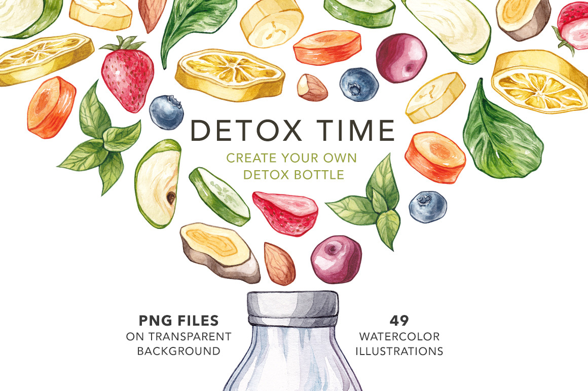 Detox Time. Watercolor Detox Bottle, an Illustration by Olga Olmix