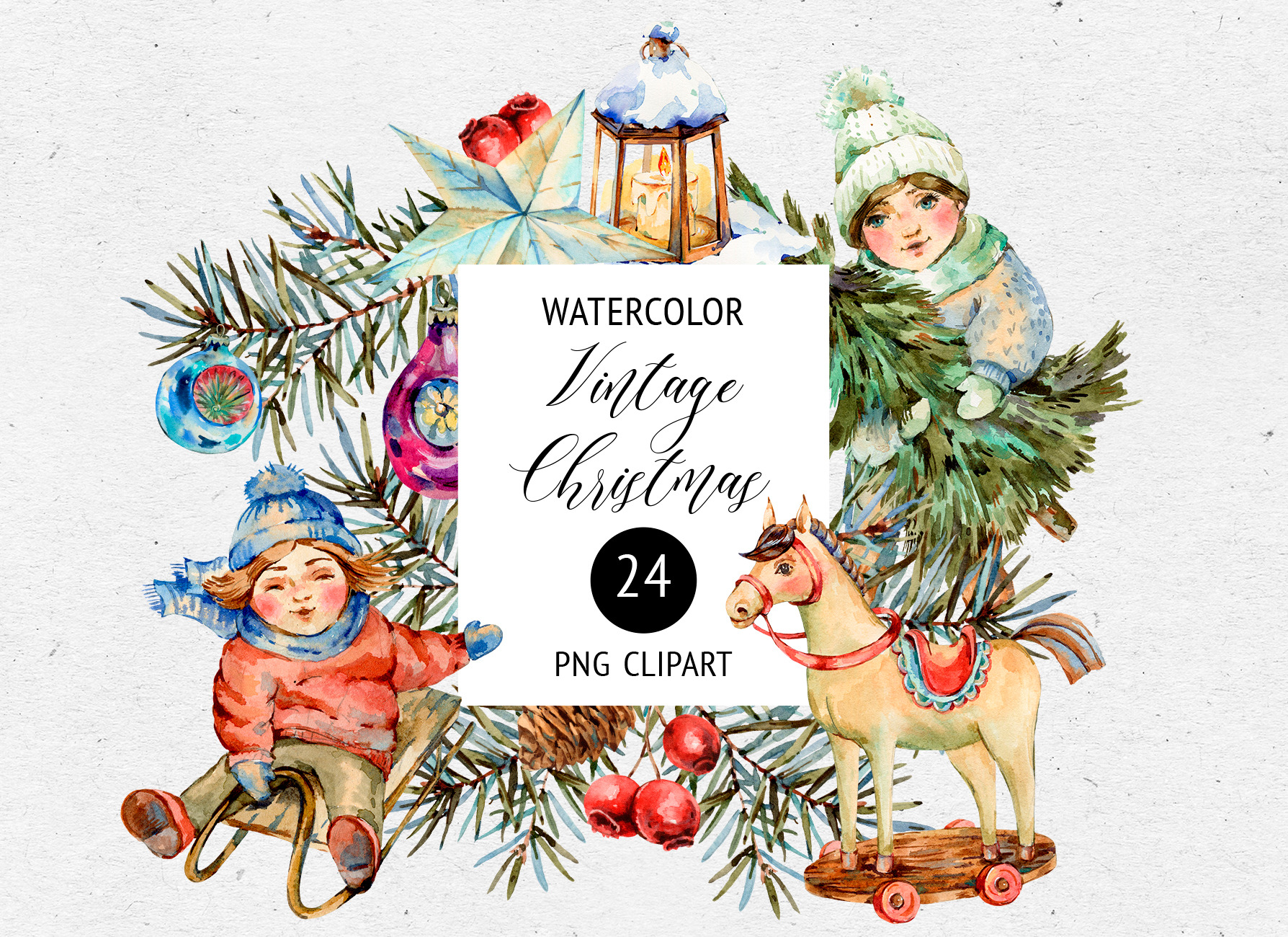 Vintage Christmas Watercolor Clipart, an Illustration by Depiano