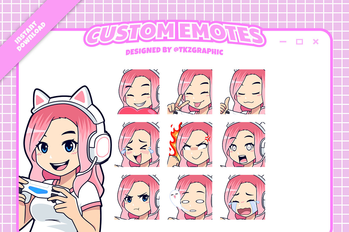 Pink Hair Gamer Girl - Custom Emotes, an Emoji Icon by tkzgraphic