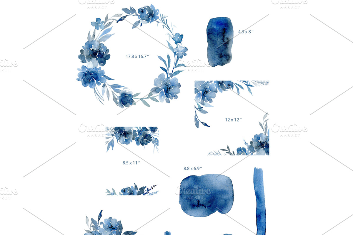Watercolor Navy Indigo Blue Flowers, an Illustration by GraphicsDish