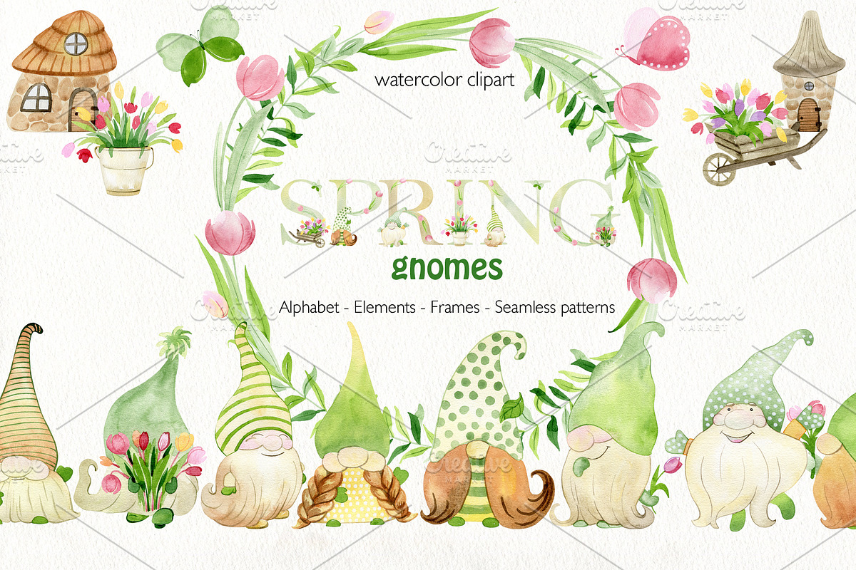 Watercolor spring gnomes clipart., a Decorative Illustration by TaPilipa