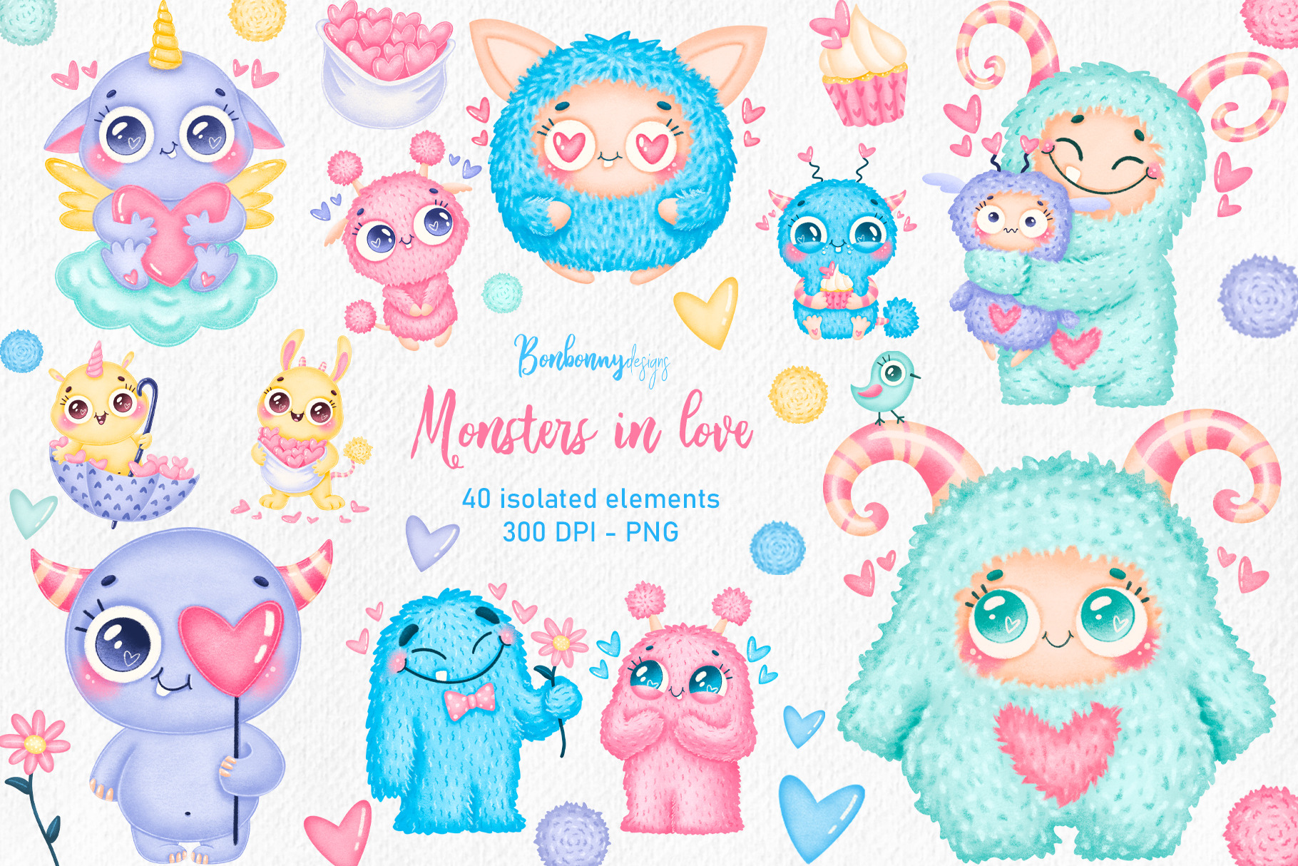 Valentine's Day Monsters Clipart, an Illustration by BonbonnyDesigns ...