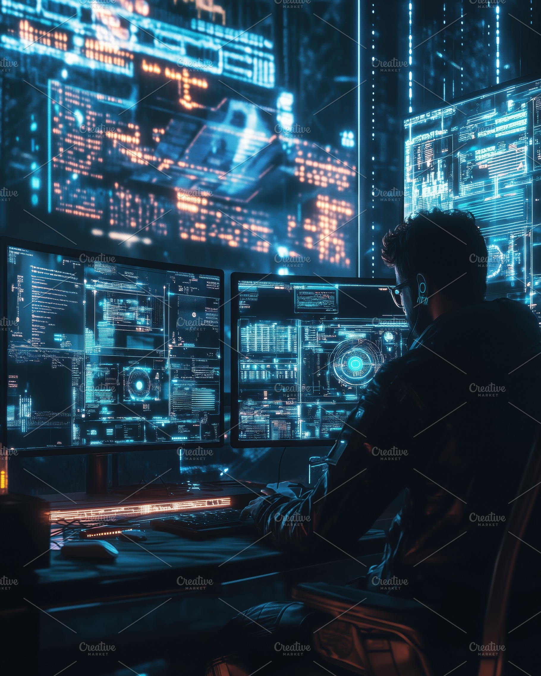 A person working at a high-tech computer setup with multiple screens ...