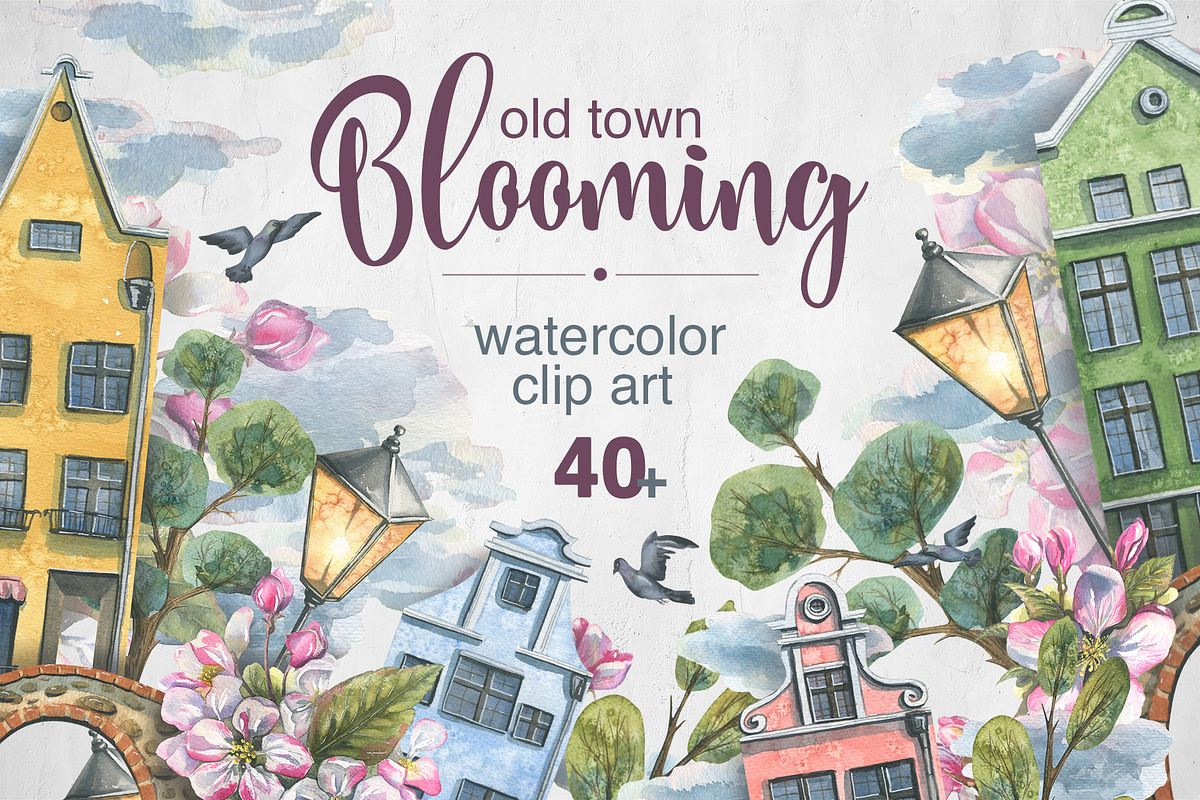 Old town spring watercolor clip art, an Object Illustration by NATASHA ...