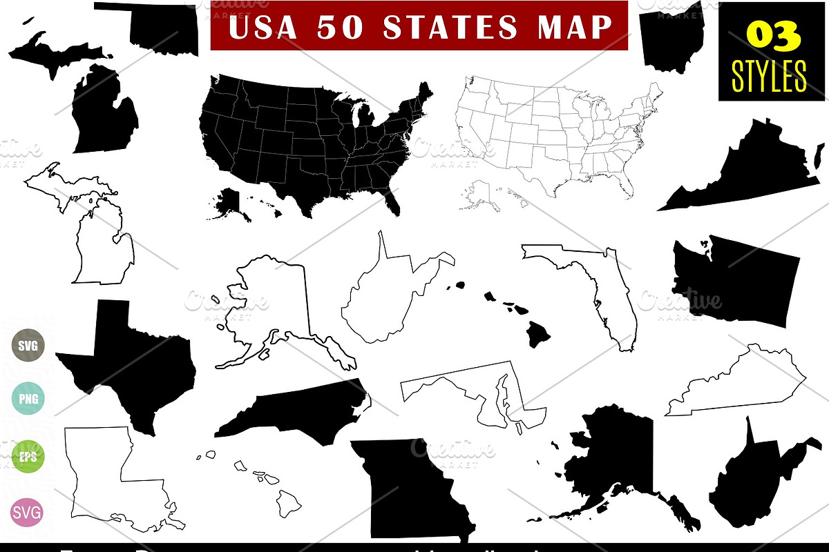 USA 50 States MAP, State Silhouettes, an Illustration by FancyDesignStudio