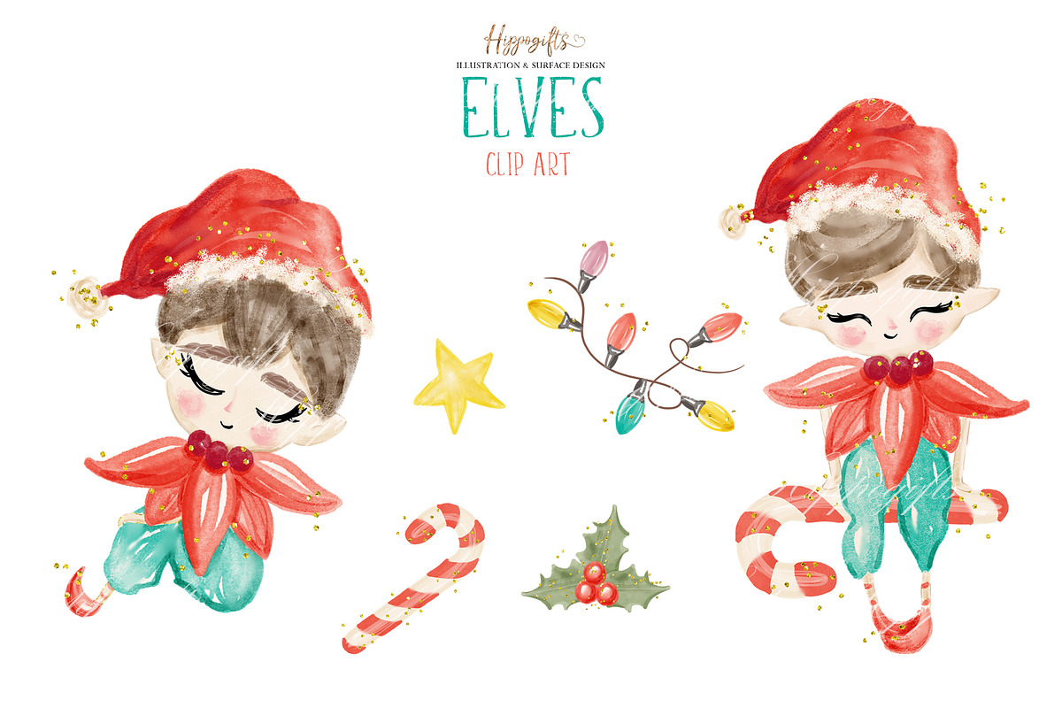 Christmas elves clip art, an Illustration by TheHappyGiftArt