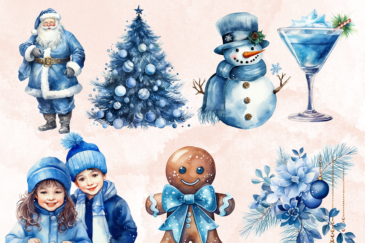 Watercolour Blue Christmas Clipart