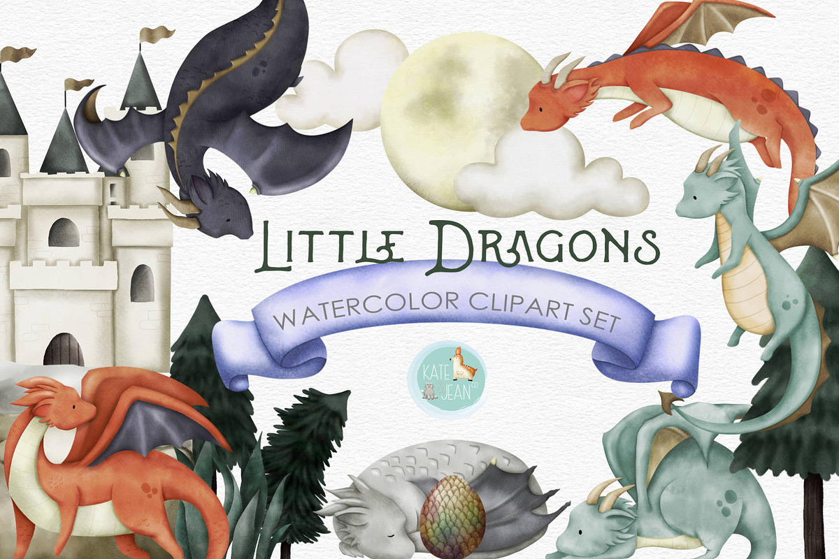 Dragons Watercolor Clipart Set, a Decorative Illustration by KateandJeanCo