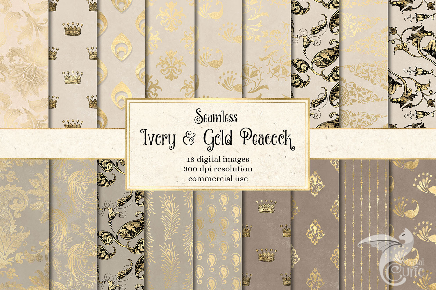 Ivory & Gold Peacock Digital Paper, a Pattern Graphic by Digital Curio