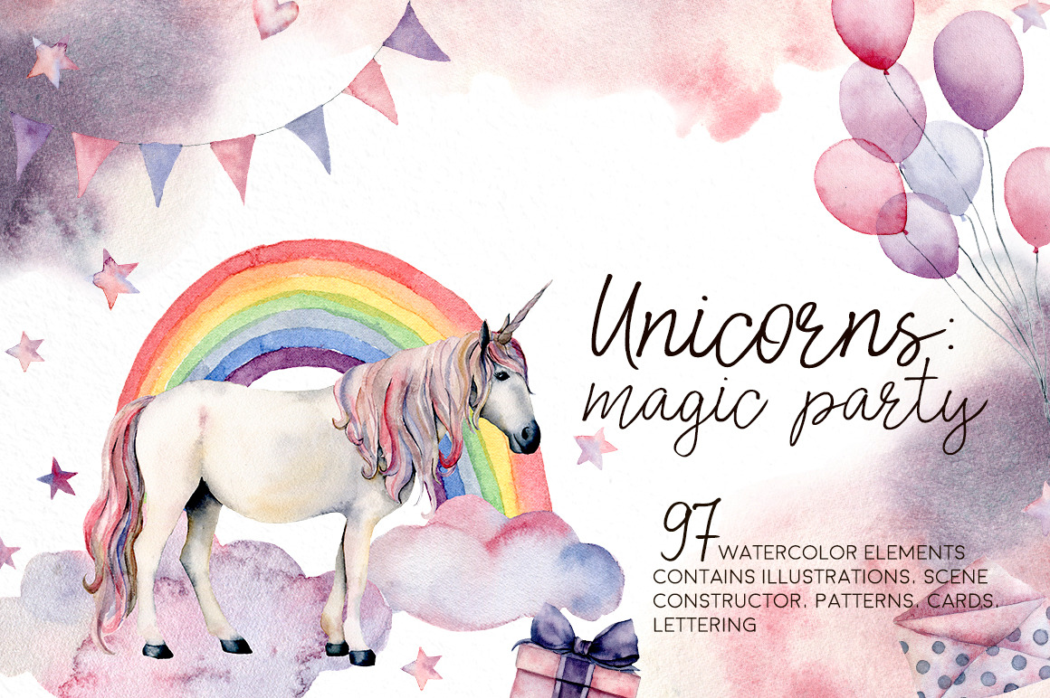 Unicorns: magic party. Watercolor set