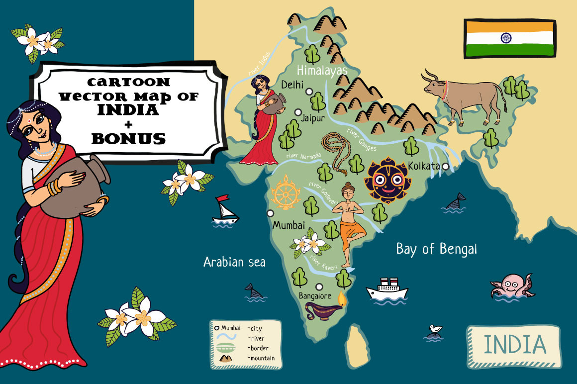Cartoon map of India, a Person Illustration by Nata Savina Art ...