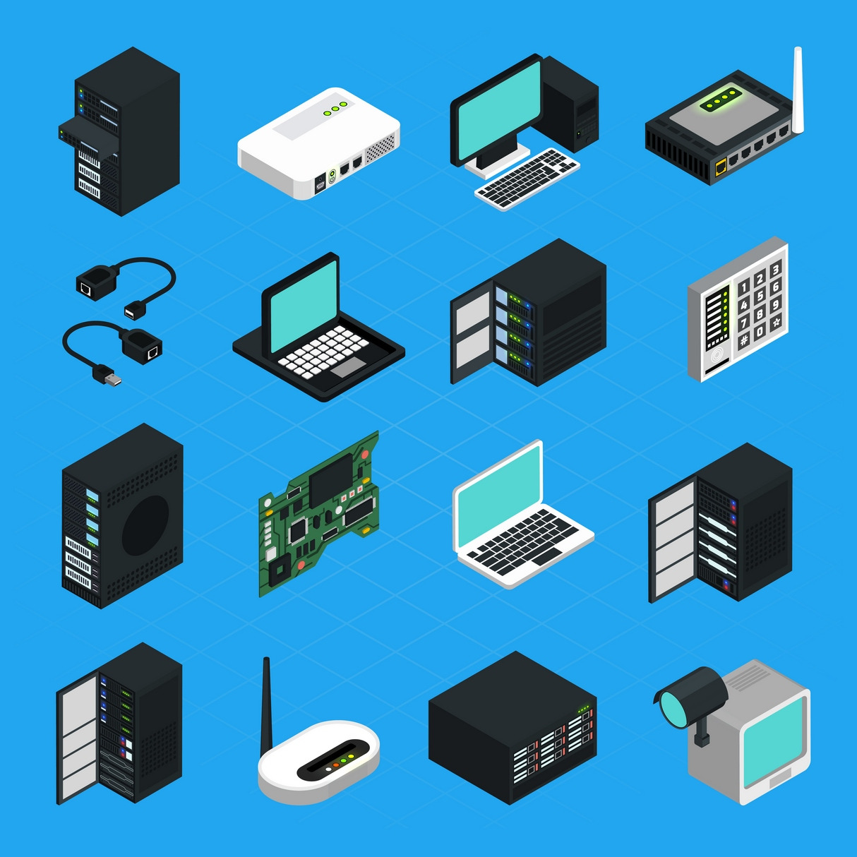 Data center server equipment icons, an Icon by Macrovector