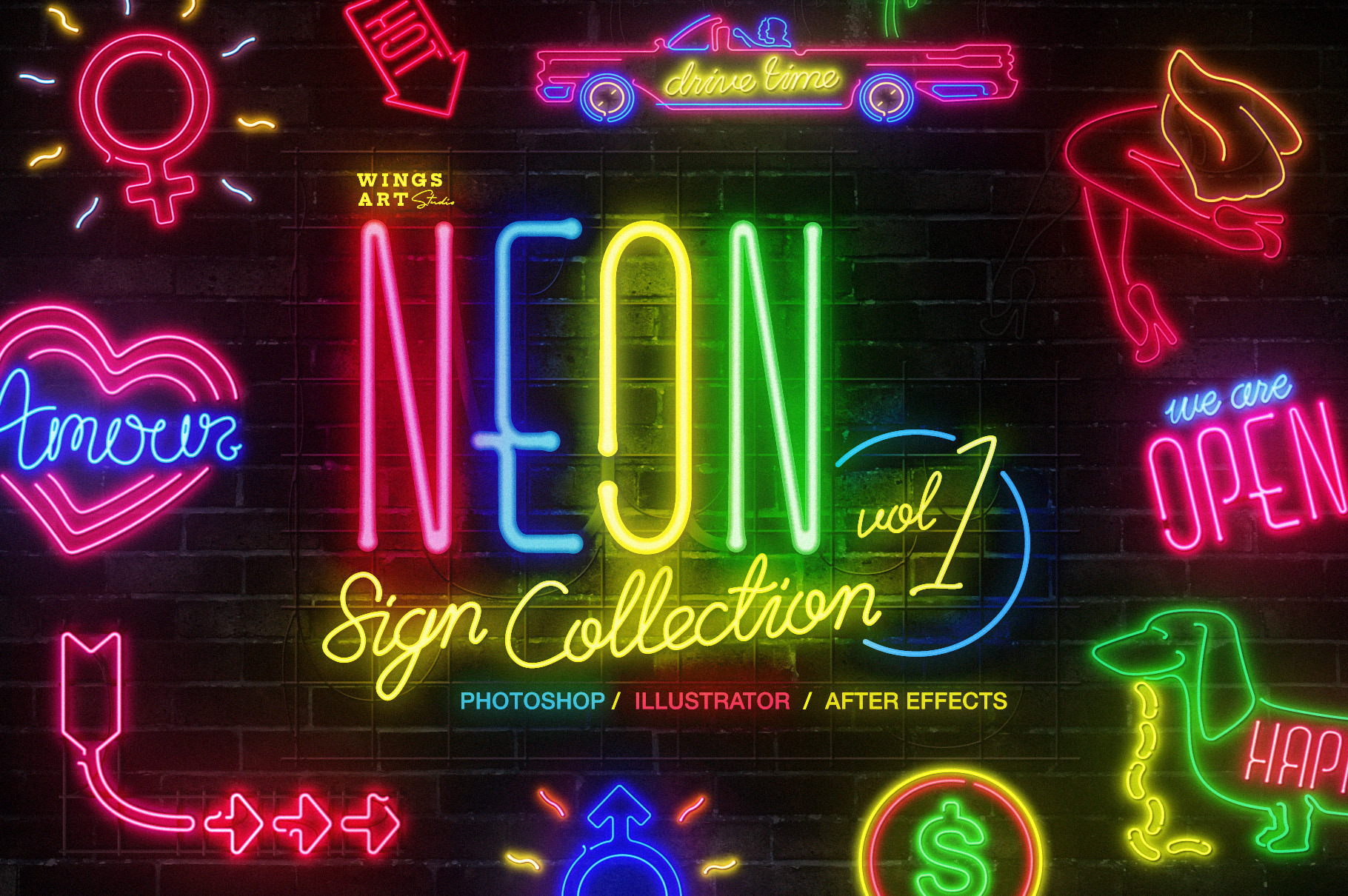 Neon Sign Collection: Volume One, a Texture Illustration by Wingsart Studio