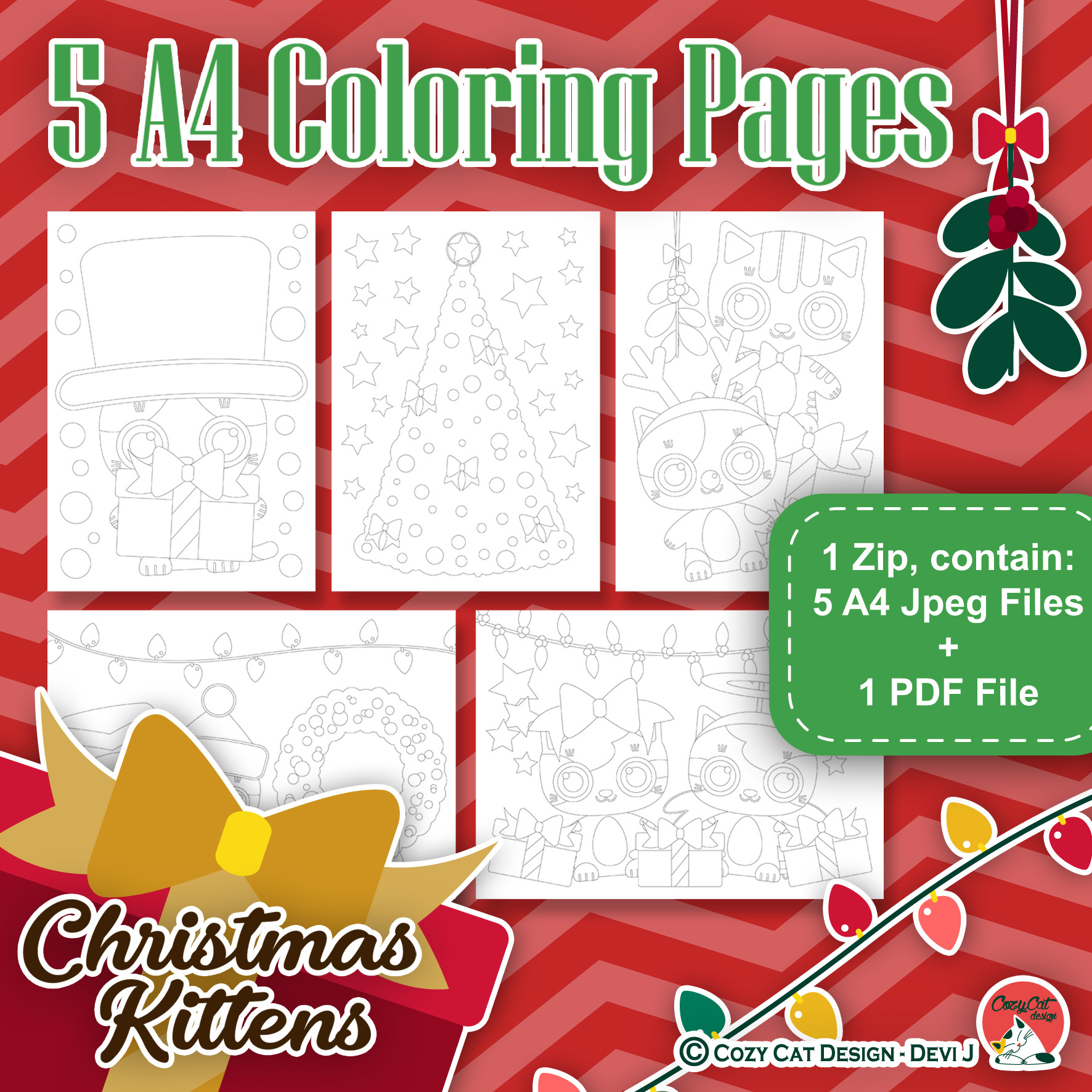 Cute Christmas Coloring Pages, a Seasonal Illustration by Cozy Cat Design