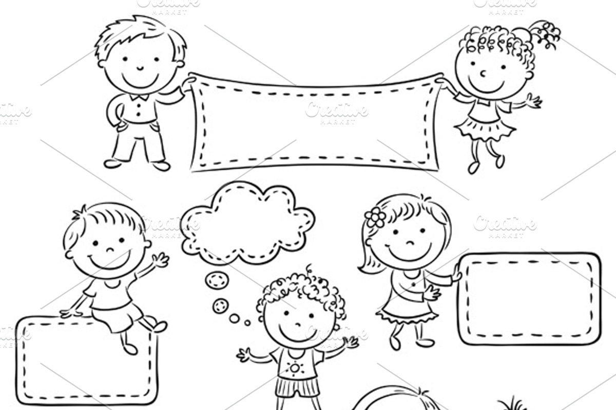 Little cartoon kids with blank signs, an Education Illustration by ...