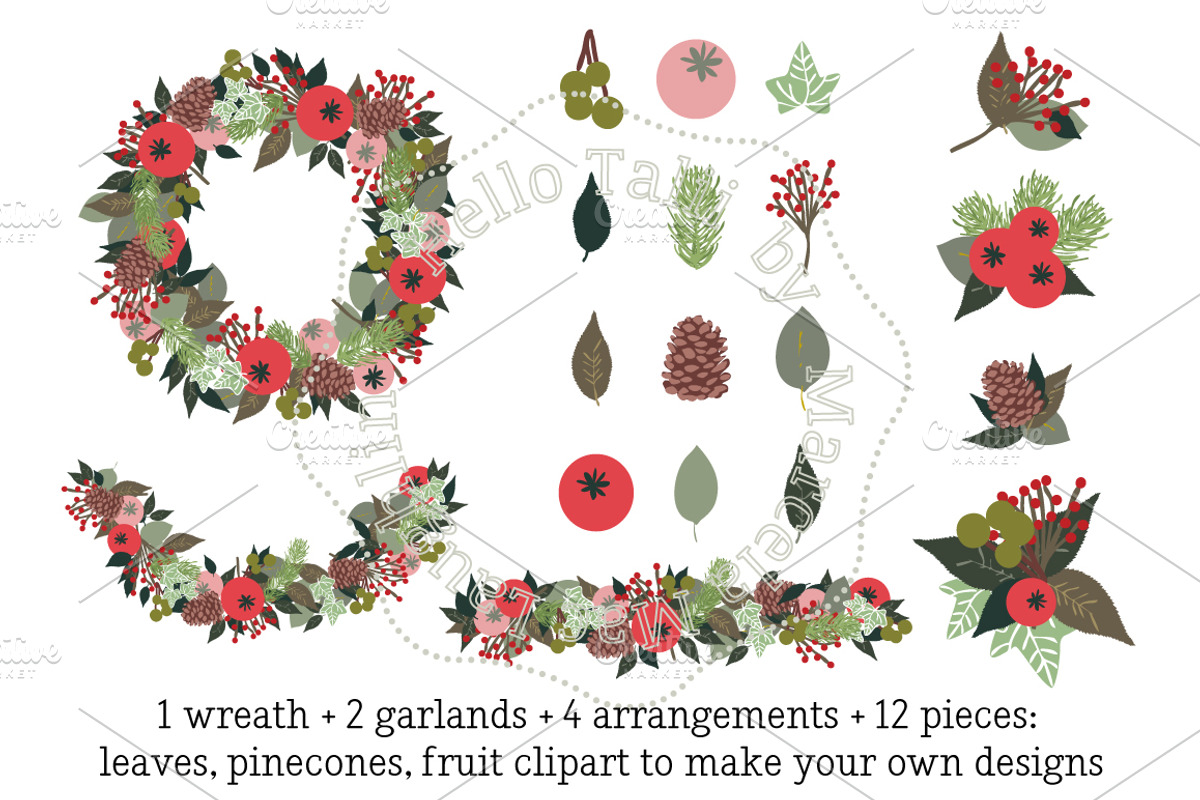 Christmas Wreath Clip Art, a Decorative Illustration by Hello Talii