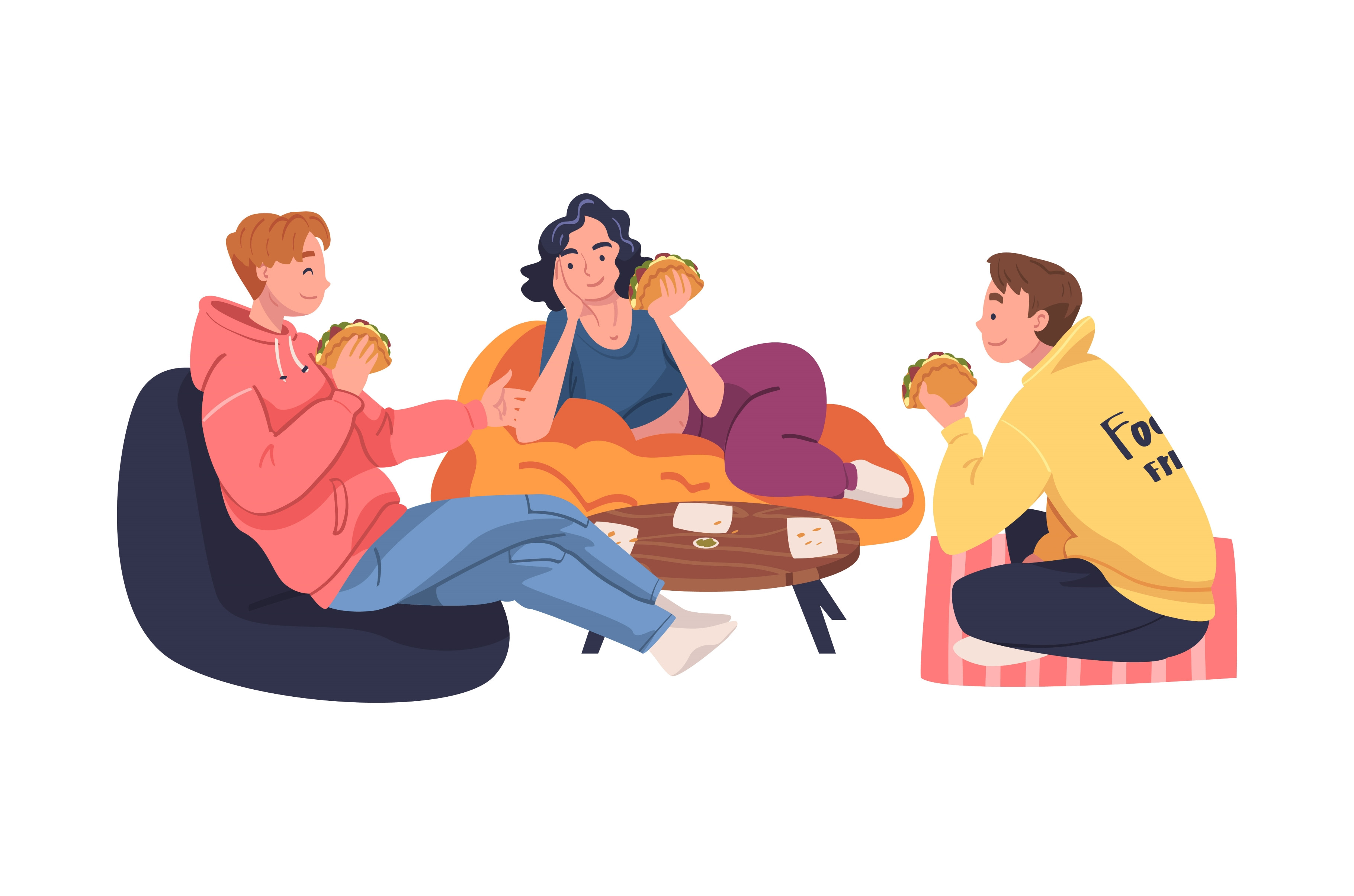 Group of Friend Character Eating, a Food Illustration by TopVectors