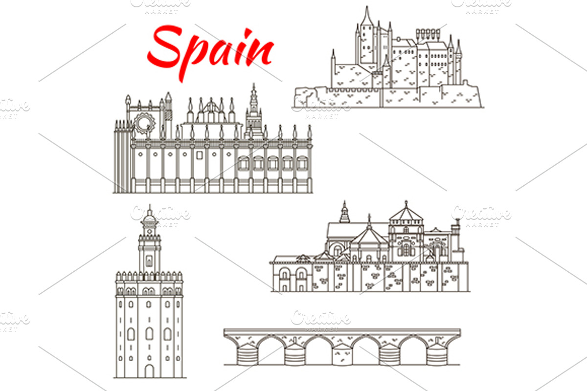 Spain landmarks icons, a Background Graphic by Vector Tradition