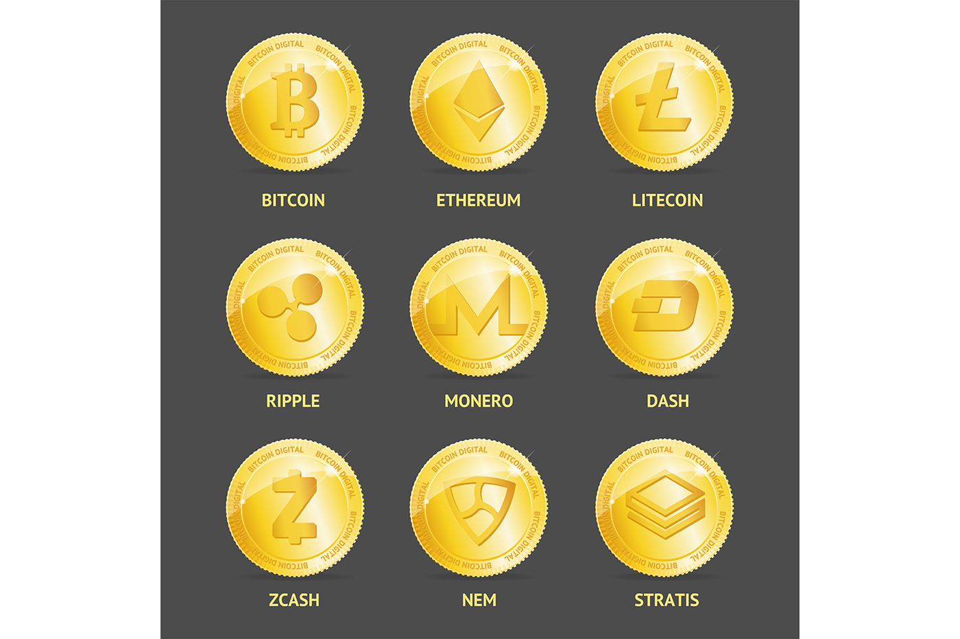 Realistic 3d Crypto Coins Set., a Finance Illustration by Vector and ...