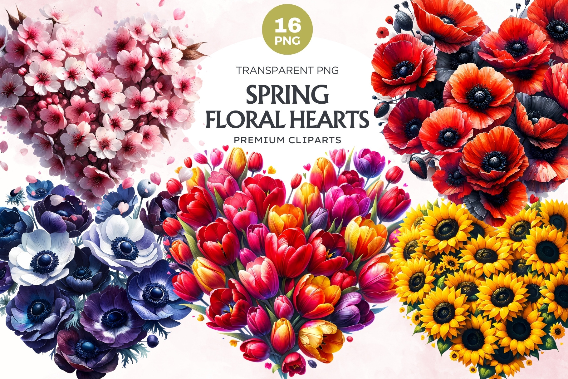 Spring Bloom Hearts Clipart set, a Seasonal Illustration by ThatsDesign Art
