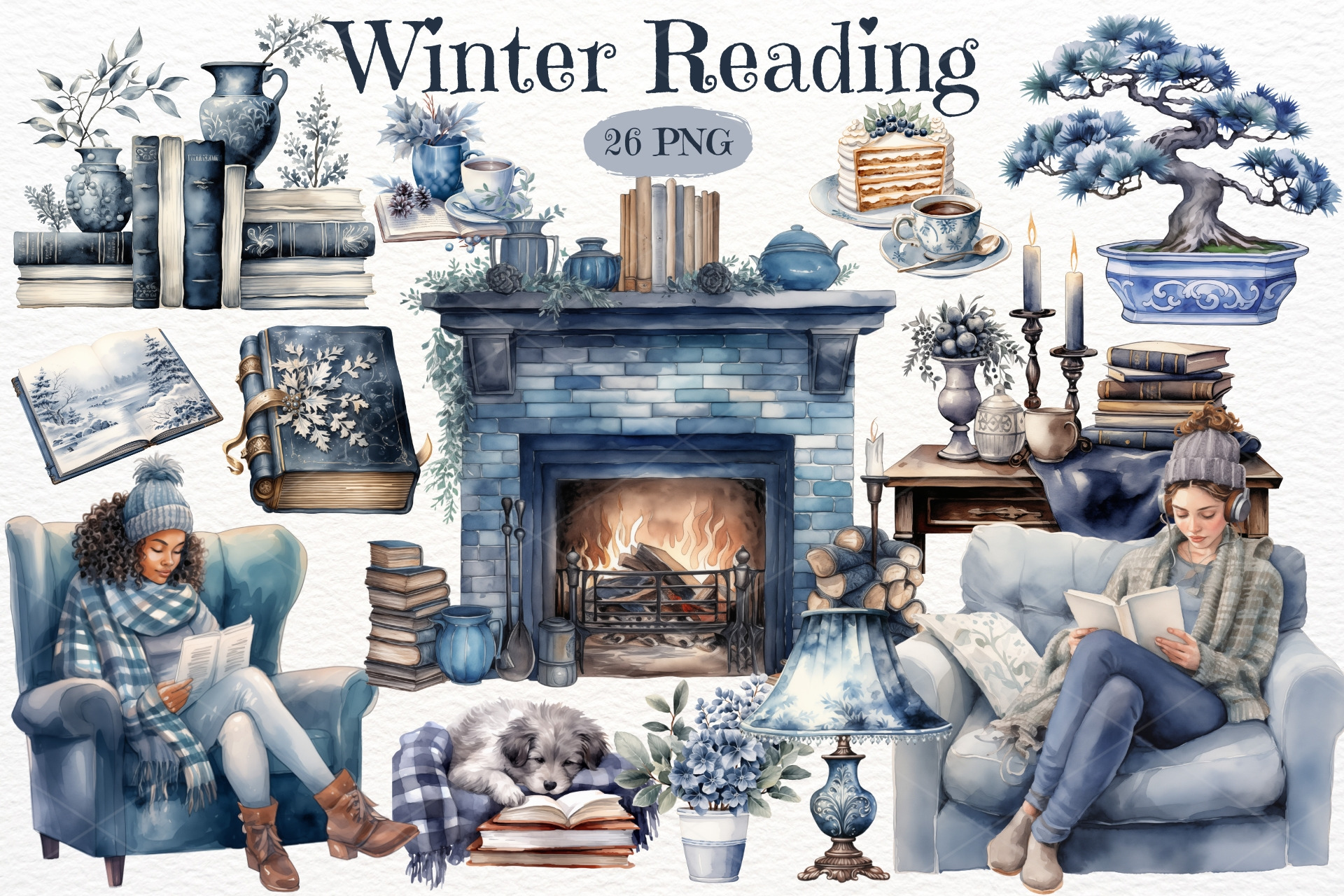 Winter Reading Watercolor Clipart, an Illustration by Maysa Art