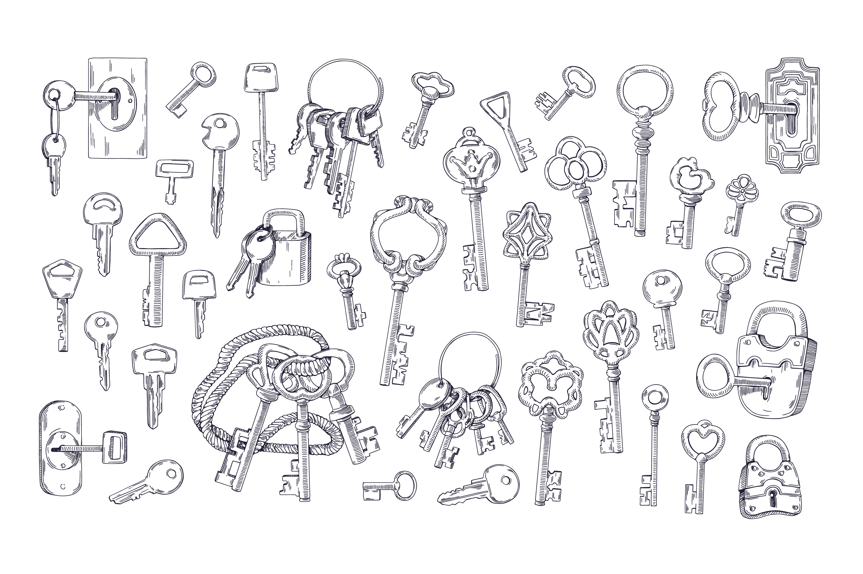 Vintage hand drawn keys set, a Decorative Illustration by Good Studio ...
