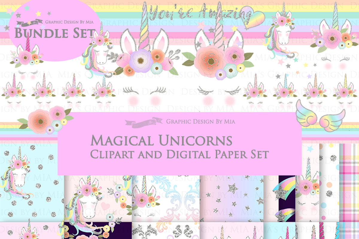 Unicorn Faces Silver Clipart,Pattern, an Illustration by Mia's Graphic ...
