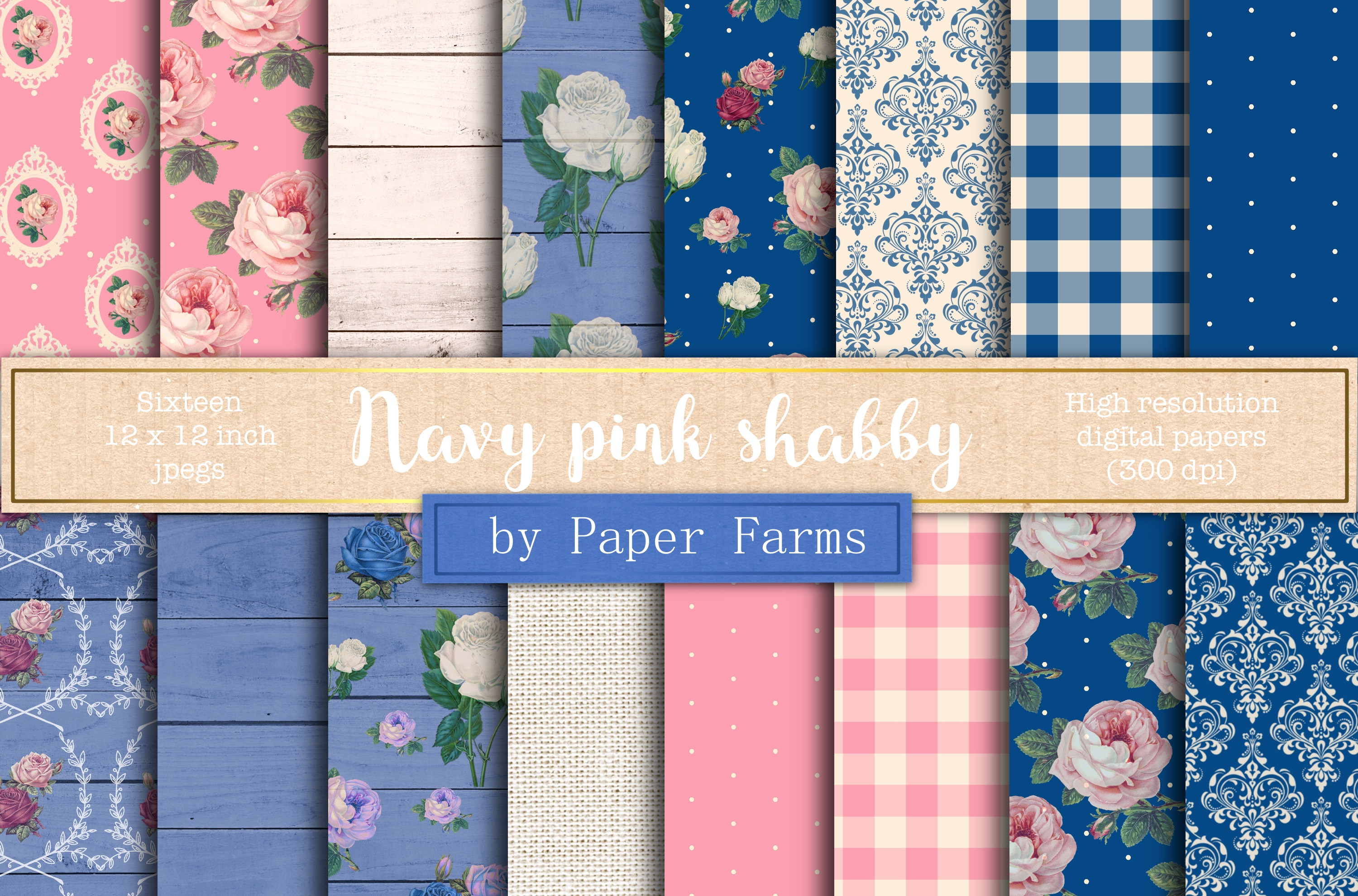 Navy pink shabby digital paper, a Pattern Graphic by Paper Farms