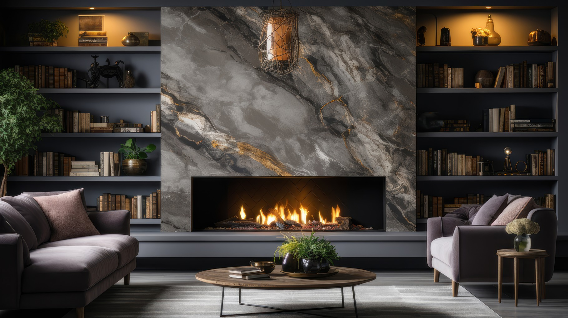 Elegant Living Room With Modern Marble Fireplace and Stylish Decor, a ...