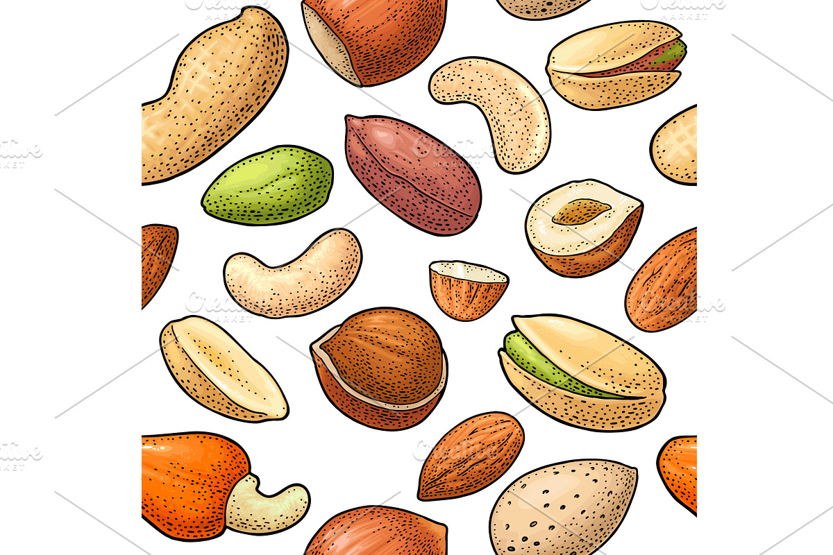 Seamless pattern whole and half nut, an Illustration by MoreVector