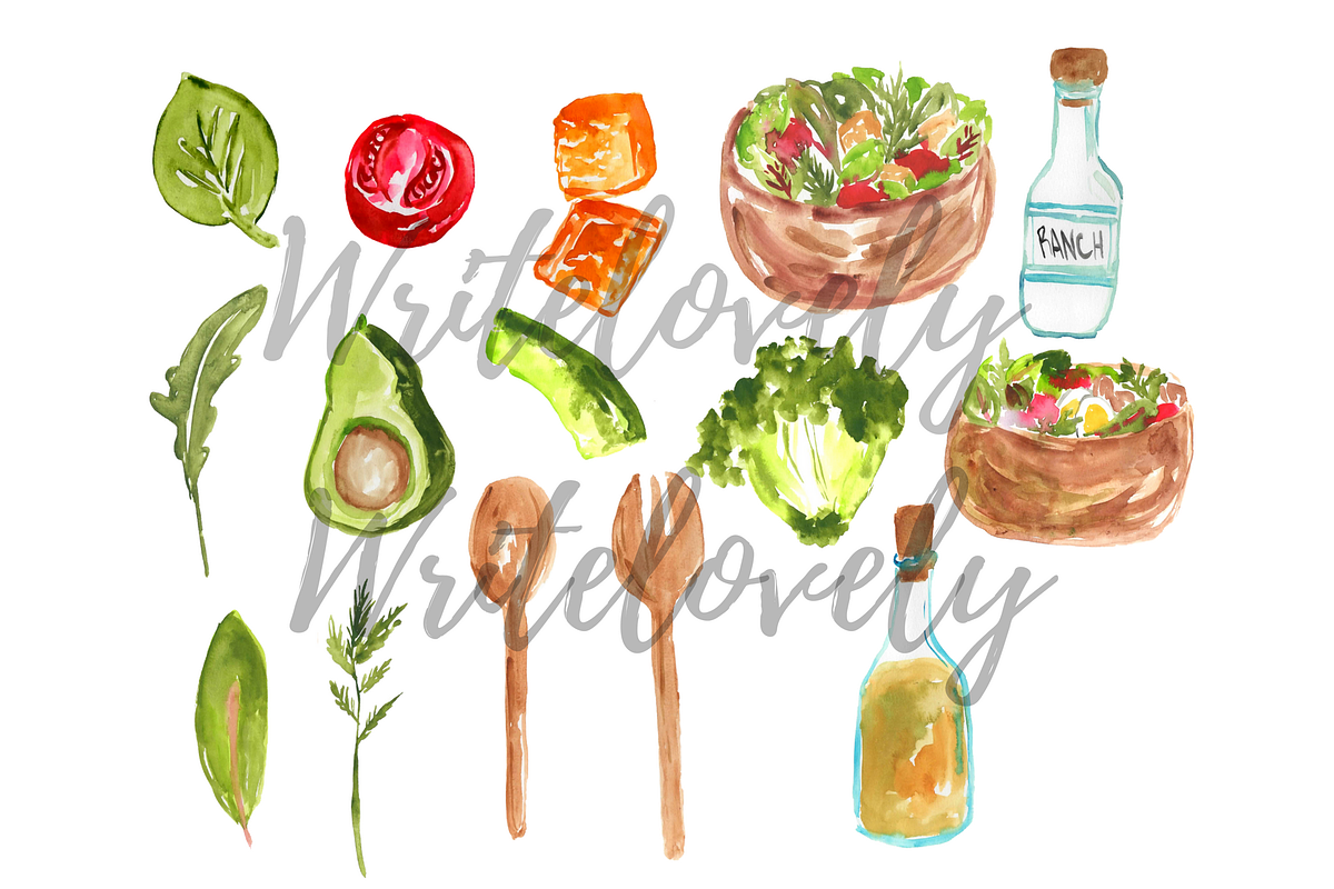 Watercolor food salad clipart, a Food Illustration by Writelovely