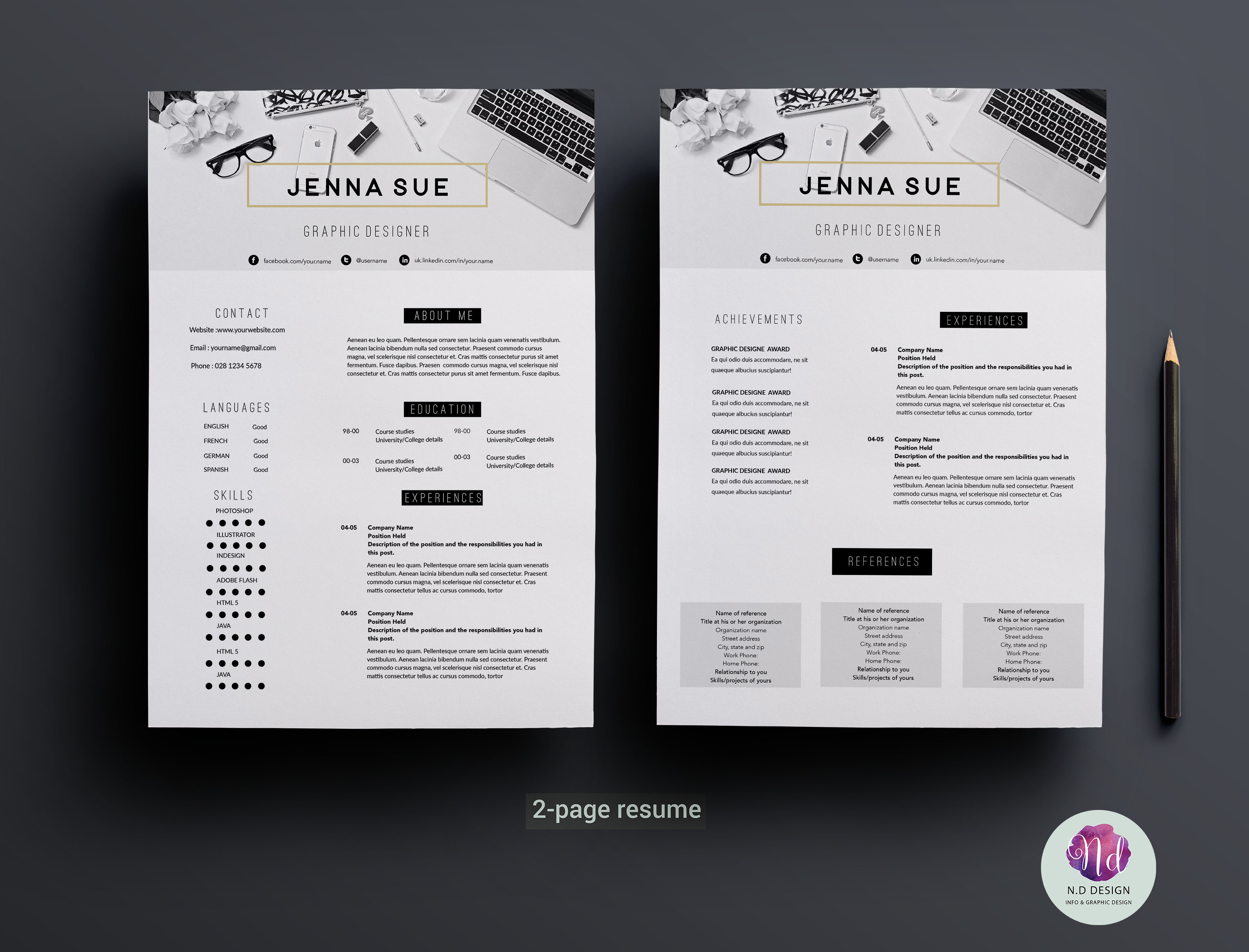 Modern 2 page CV template, a Resume Template by Chic templates