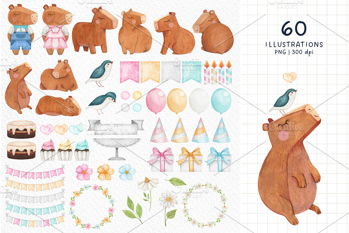Watercolor Capybara Clipart Set | Creative Market