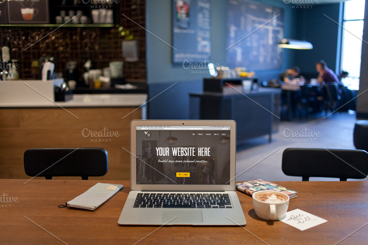 MacBook Air in the cafe - 8 mockups, a Mac Mockup by show it better