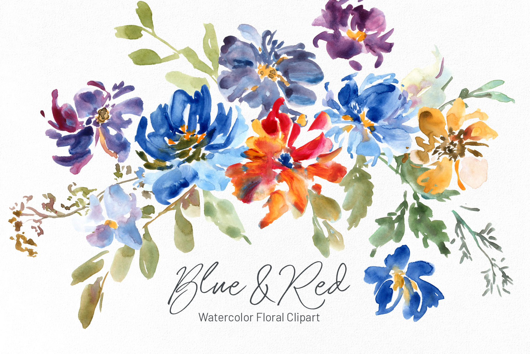 Blue & Red Watercolor Flowers, an Illustration by GraphicsDish