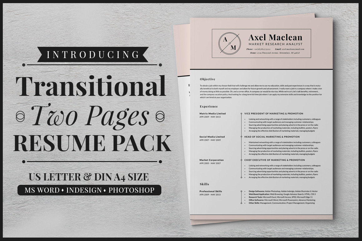 Transitional Two Pages Resume Pack, a Resume Template by SNIPESCIENTIST