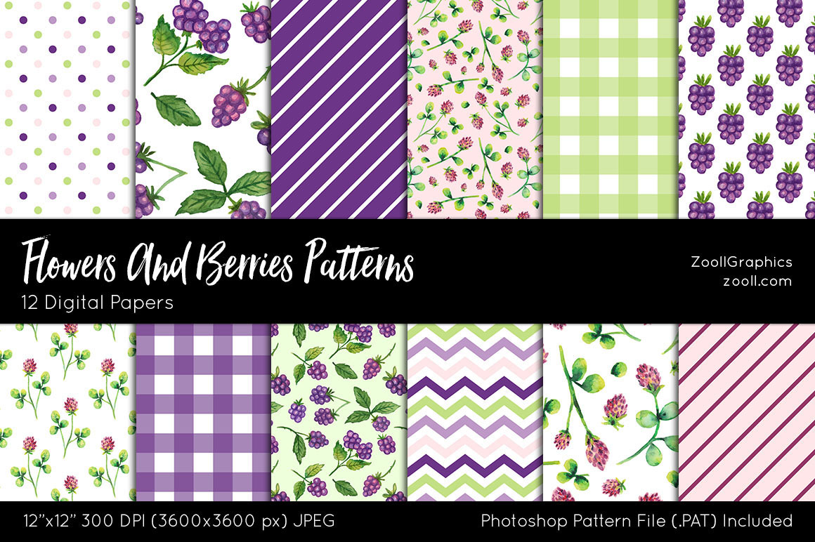 Flowers And Berries Digital Papers, a Pattern Graphic by ZoollGraphics