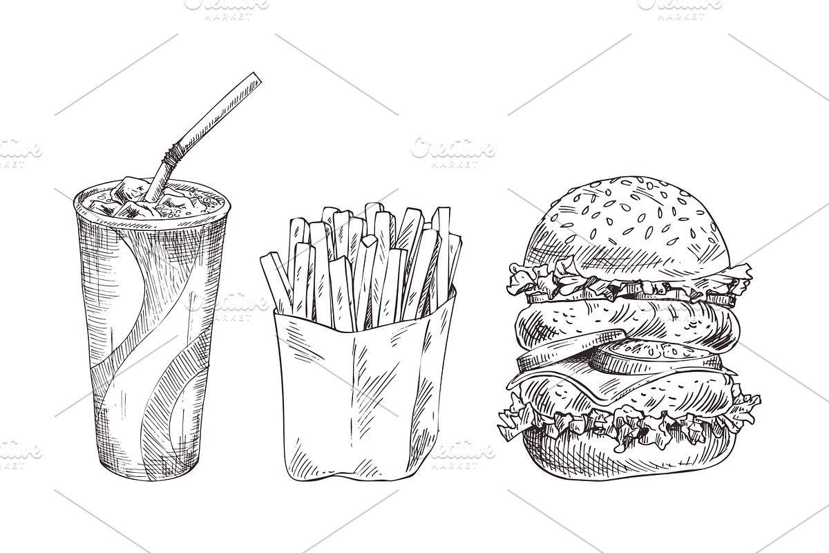 Fast food set hand drawn vector, a Food Illustration by robuart ...