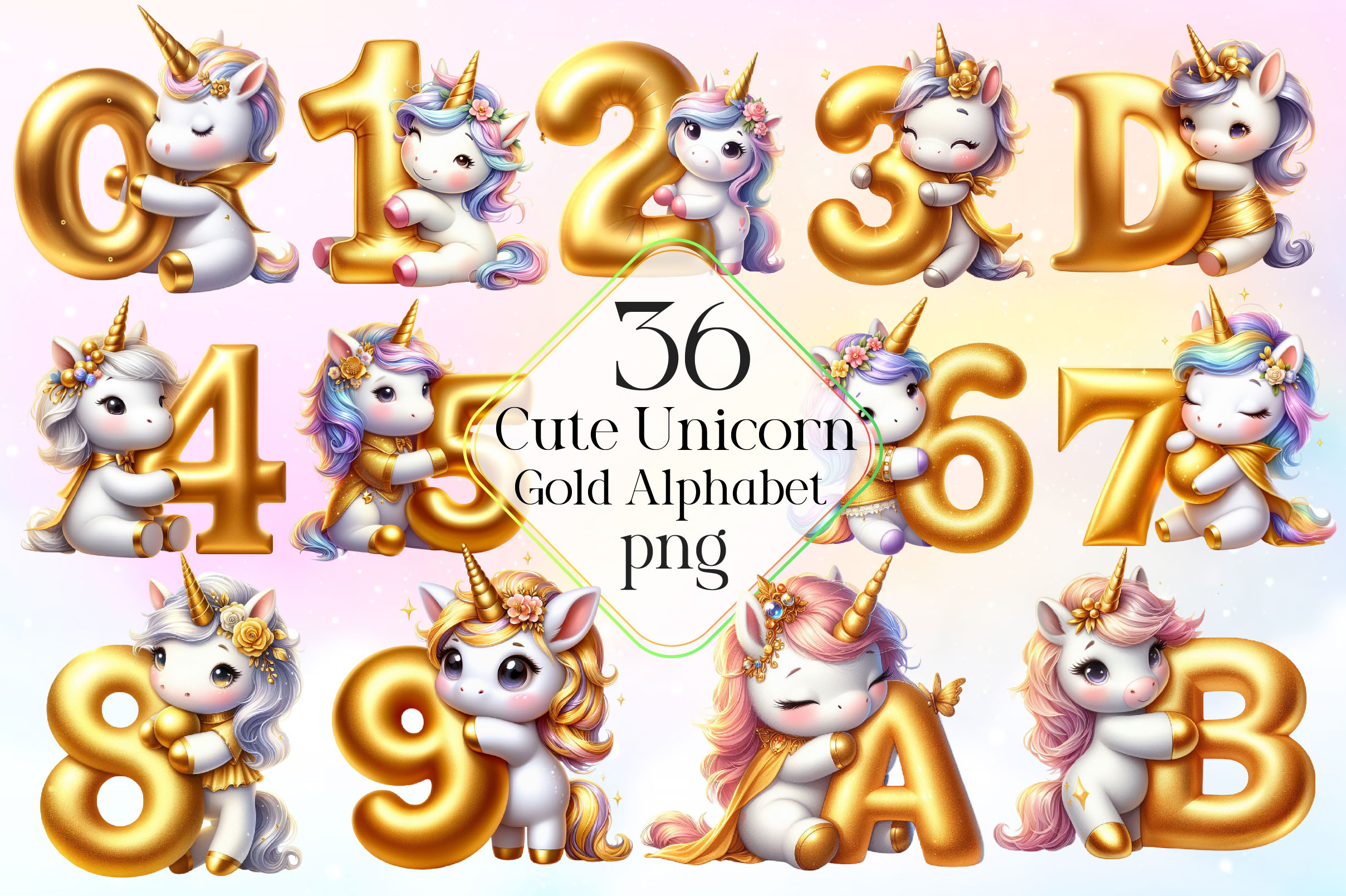 Cute Unicorn Alphabet Clipart PNG, a Work Illustration by Dream Creation