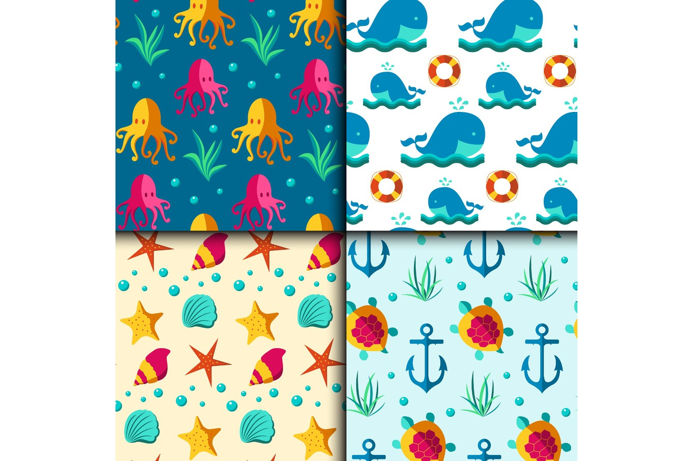 Seamless vector patterns with nautical elements wave marine collection ...