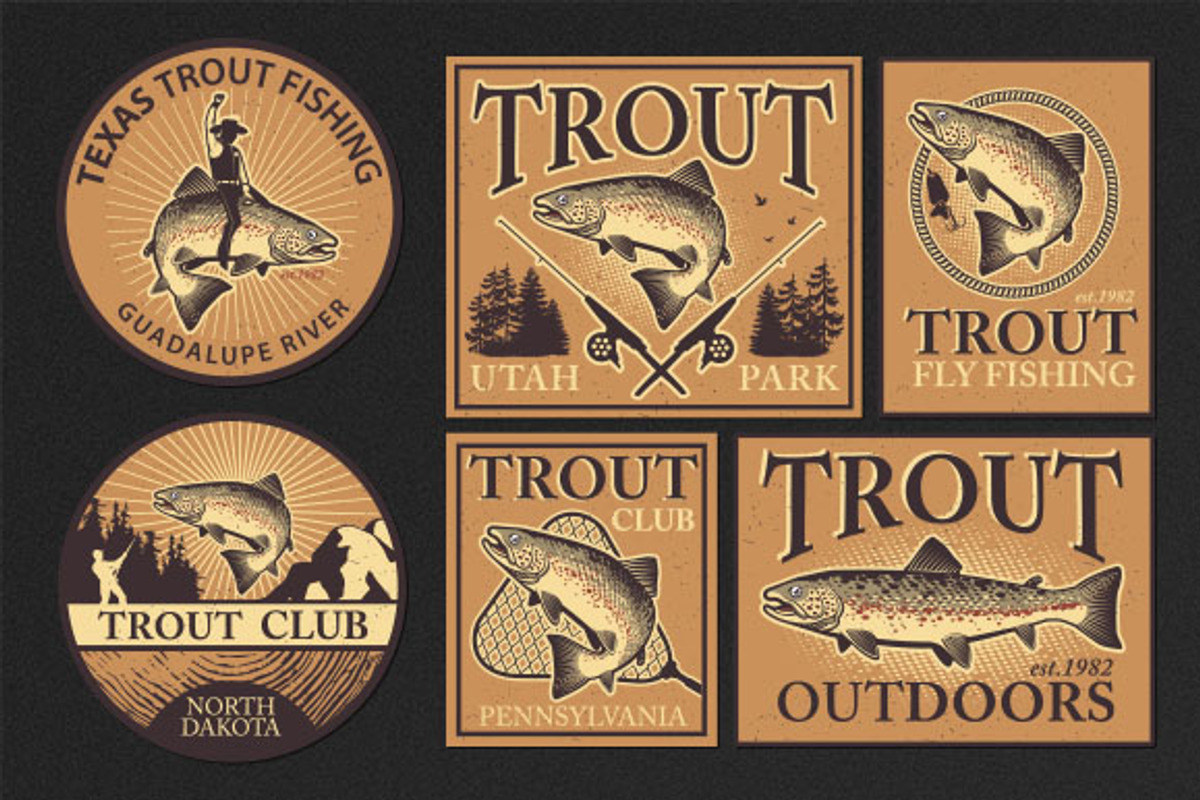 Vintage trout fishing emblems, an Animal Illustration by Moloko88