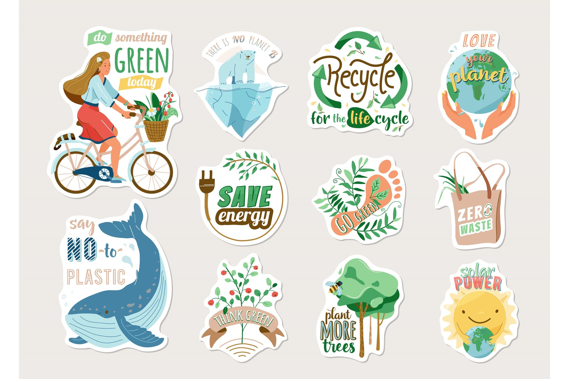 Ecology and recycle sticker set with | People Illustrations ~ Creative ...