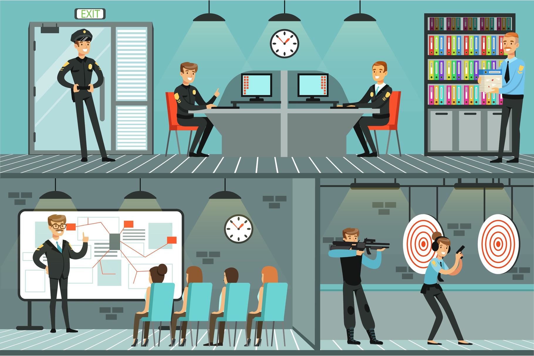 Police department set, policemen at work, investigating crimes ...