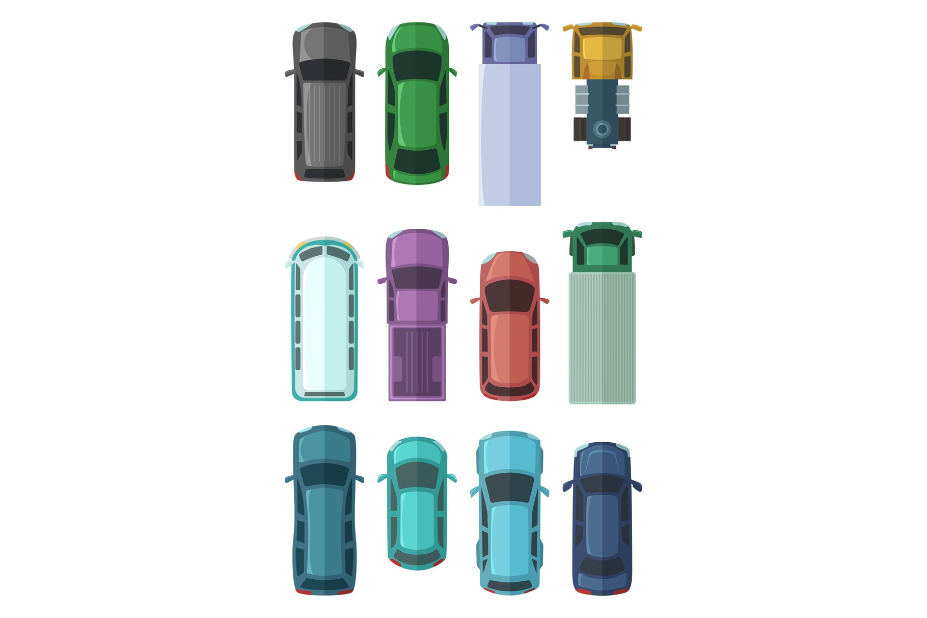 Different roofs of automobiles in the city. Top view cars. Vector ...