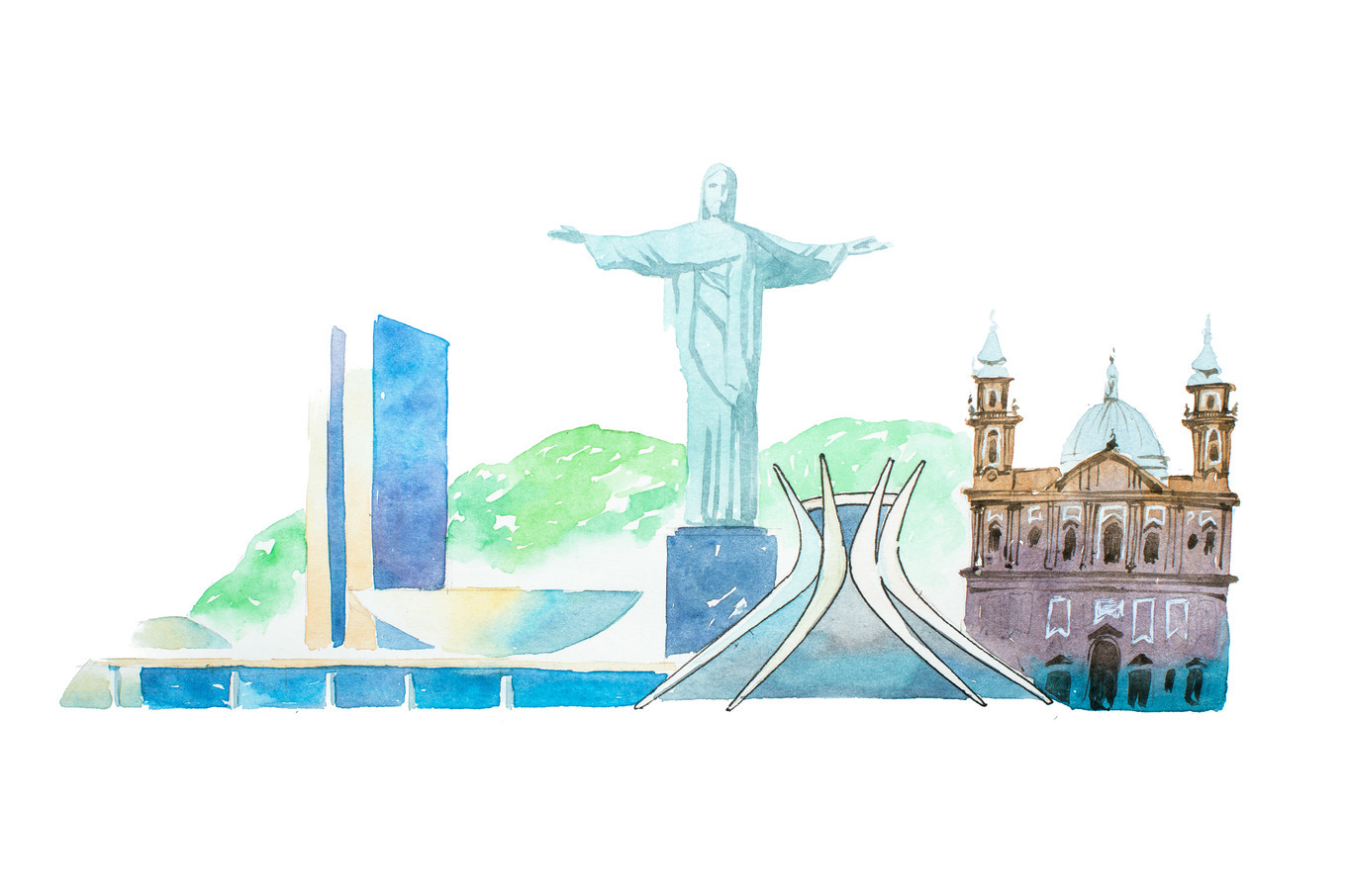 Famous Brazil landmarks travel and tourism waercolor illustration., an ...