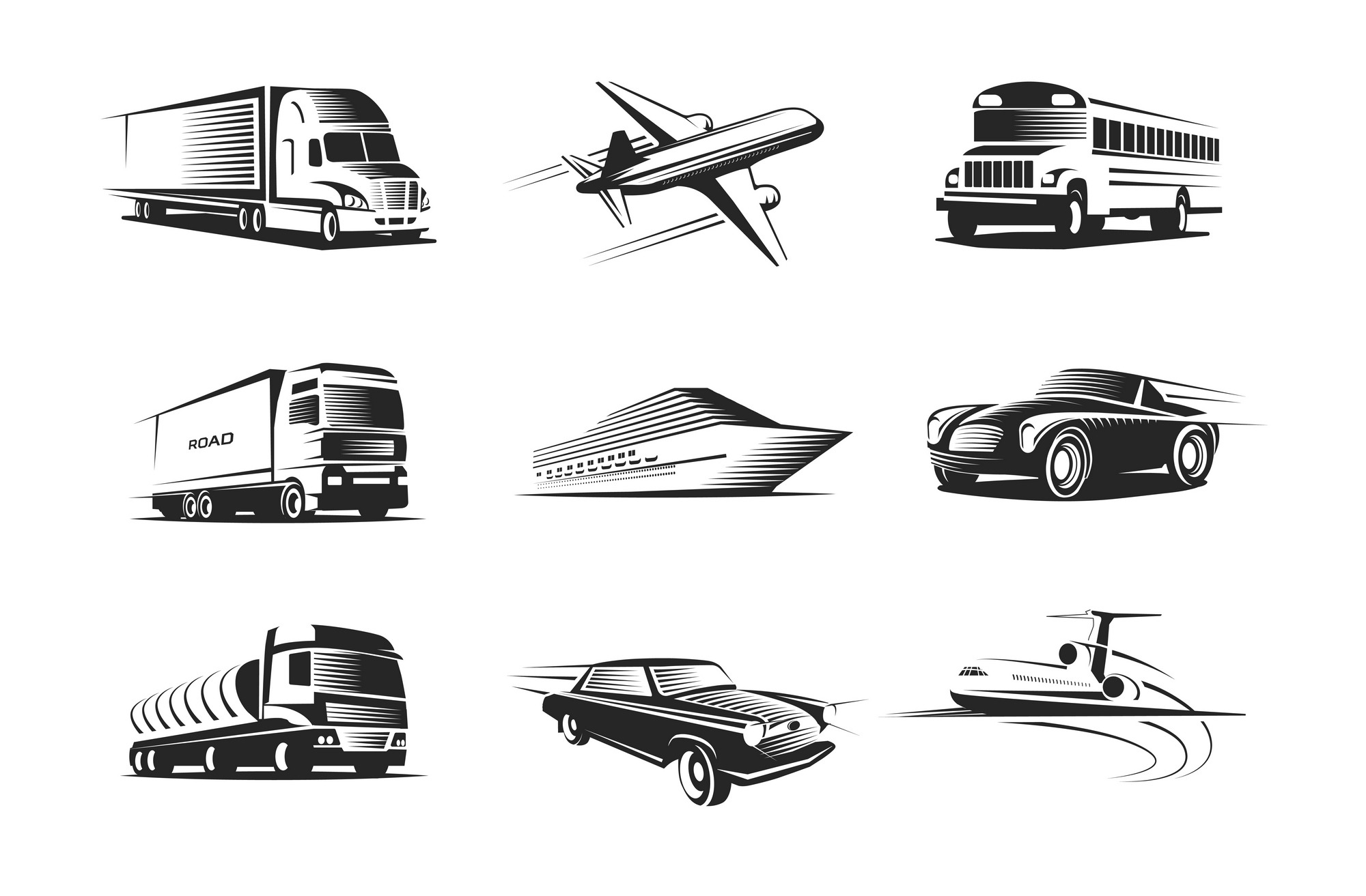 Vehicle Types Monochrome Symbols Set, an Icon by Alexander Belenkiy